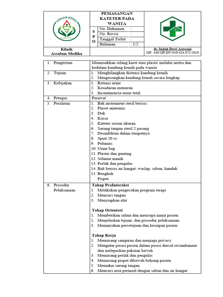 SPO Pemasangan Kateter Pada Wanita | PDF