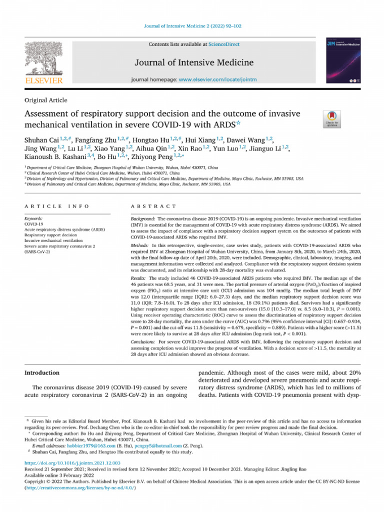 Assessment of Respiratory Support Decision and The Outcome of Invasive Mechanical Ventilation in ...