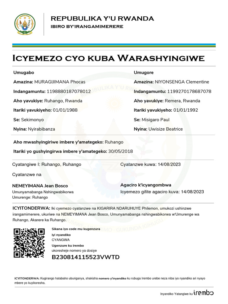 Icyemezo Cyo Kuba Warashyingiwe | PDF