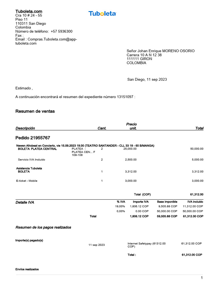 Resumen de Compra de Boletas Tuboleta | PDF | Telecomunicaciones