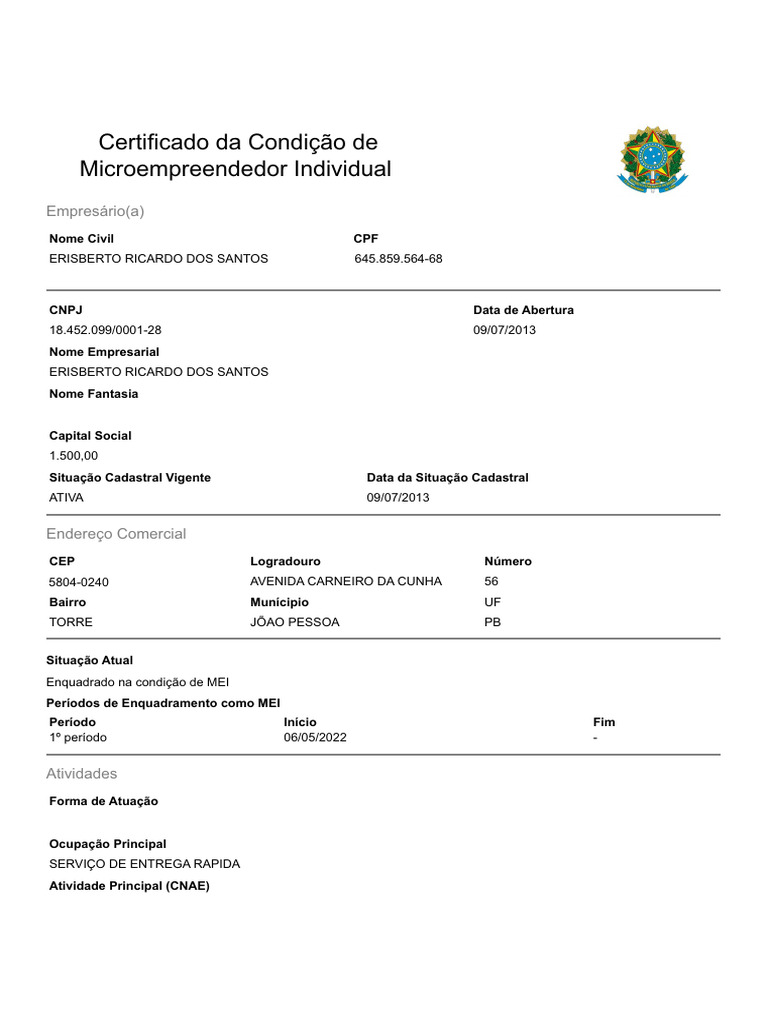 Certificado Da Condição de Microempreendedor Individual: Empresário (A ...