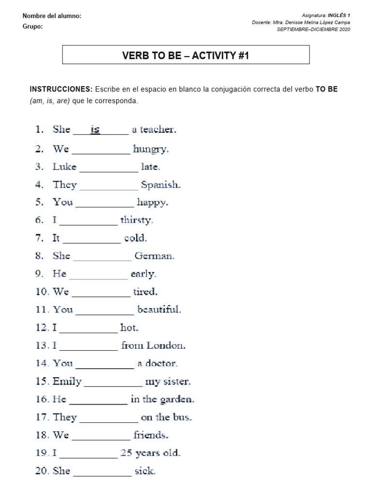 English 101 - Verb To Be (Activity 1) | PDF