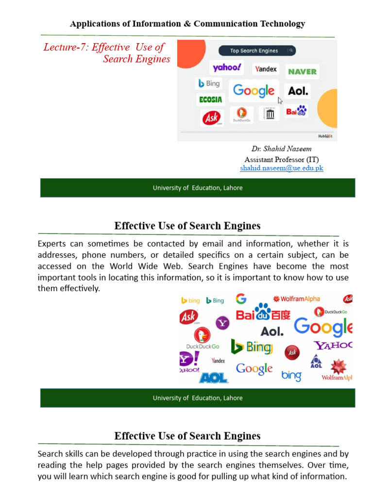 Lecture#7-Effective Use of Search Engines | PDF | World Wide Web | Internet & Web