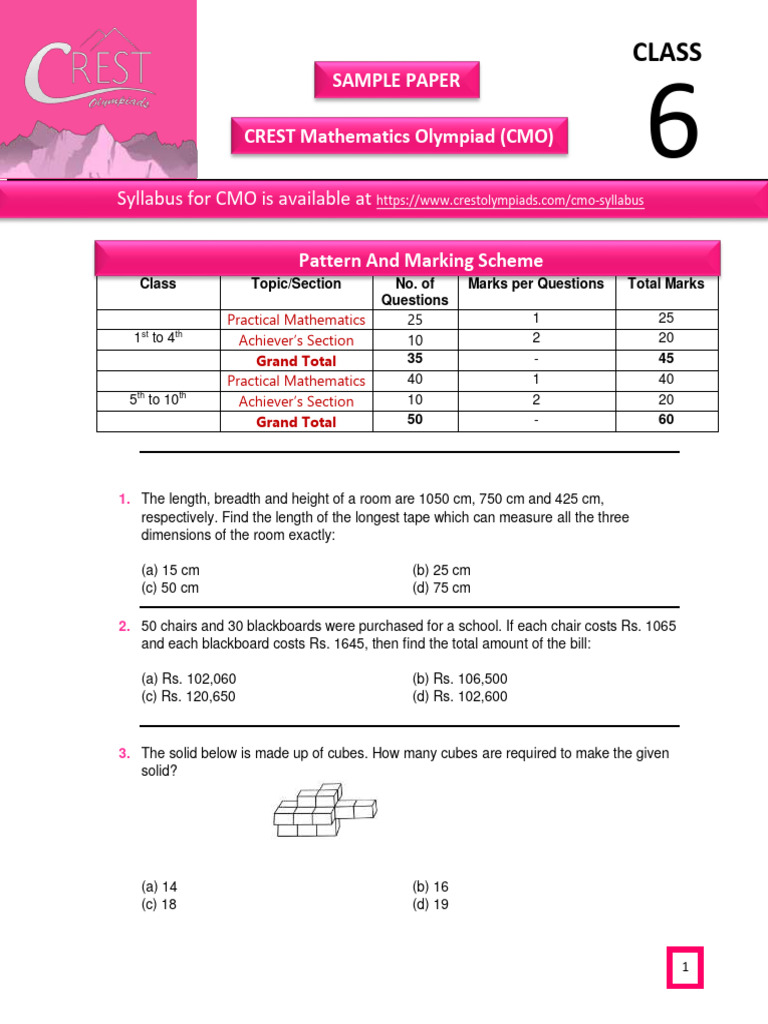 CMO Sample Papers For Class 6 | PDF