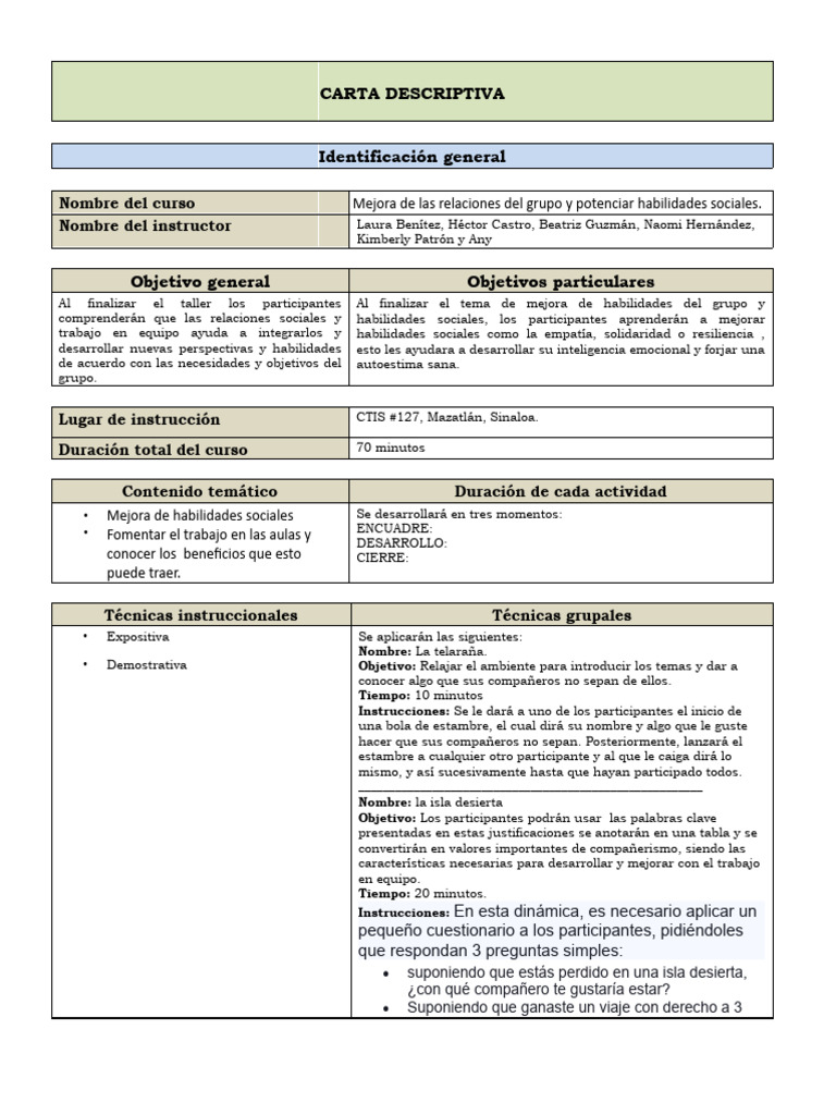 Carta Descriptiva Taller Descubriendo Mis Superpoderes | PDF