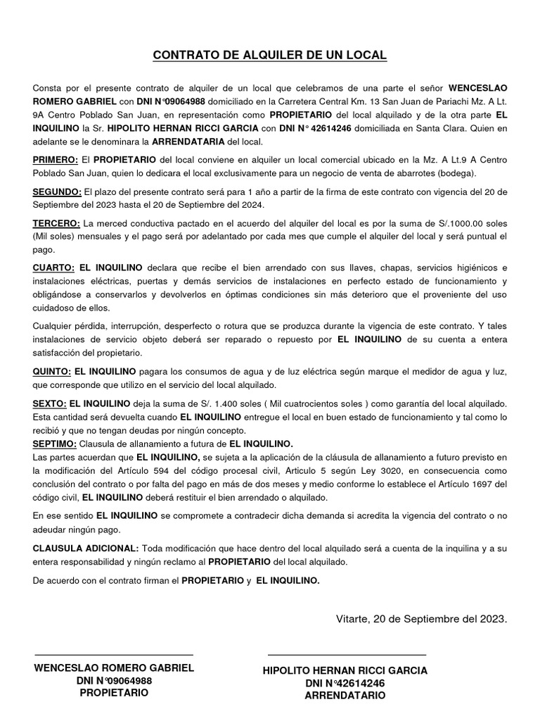 CONTRATO DE ALQUILER DE UN LOCAL | PDF