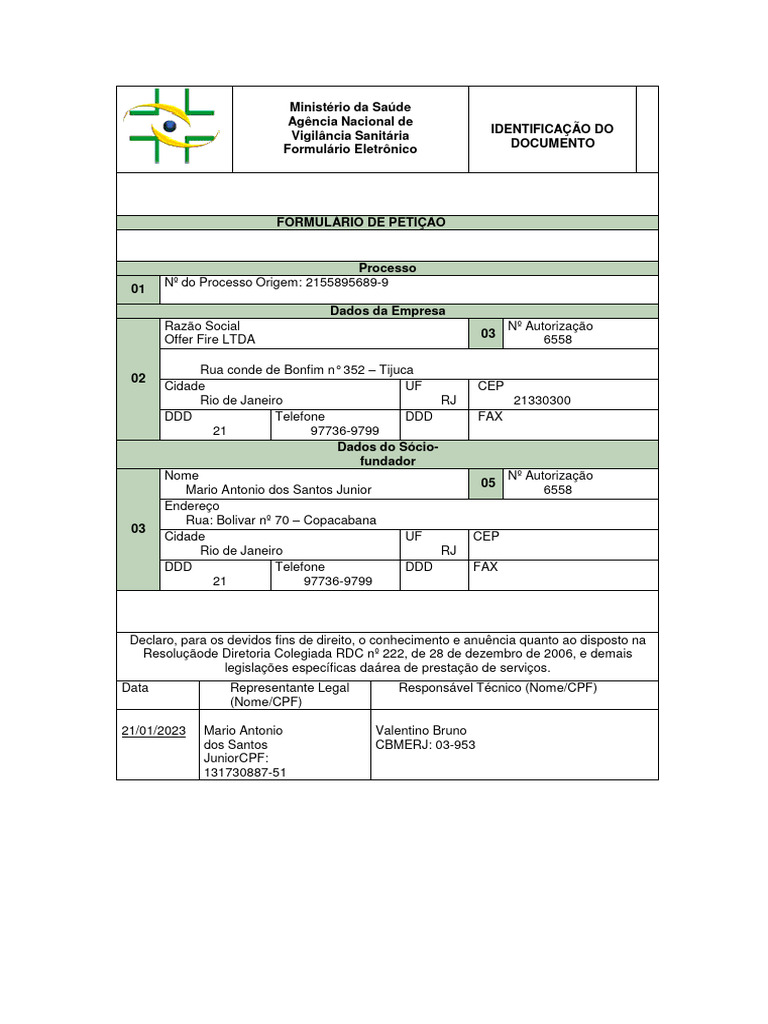 ANVISA Formulario - Peticao Aprovado Offer Fire Ltda | PDF