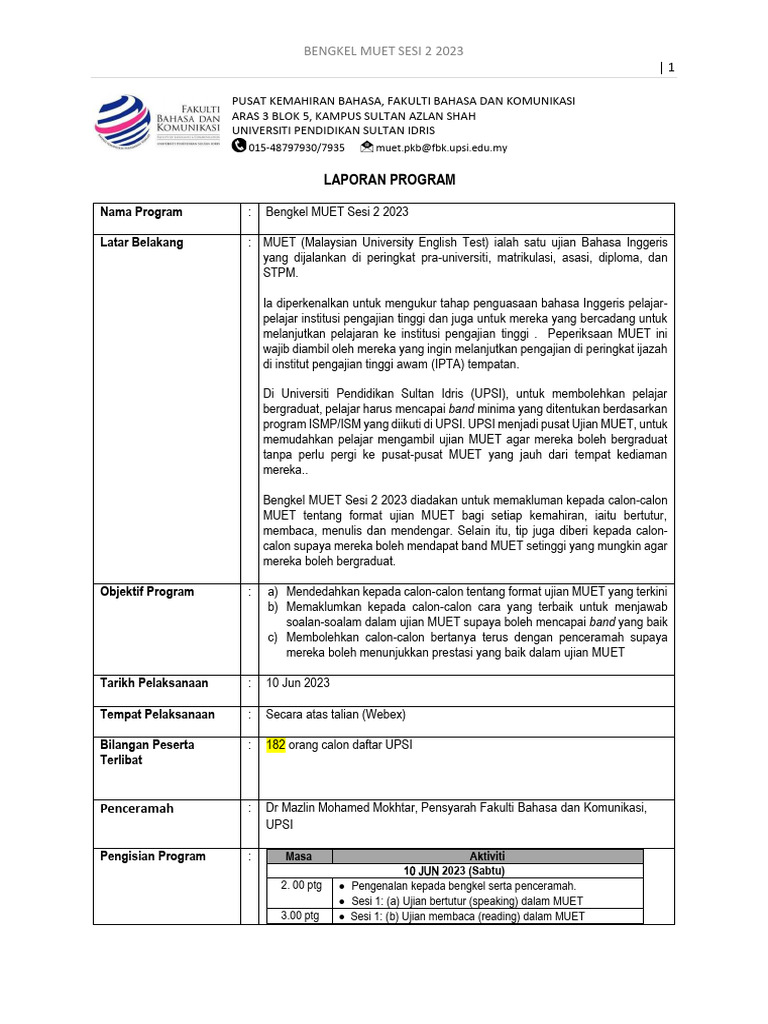 Laporan Pelaksanaan Bengkel Muet Sesi 2 2023 | PDF