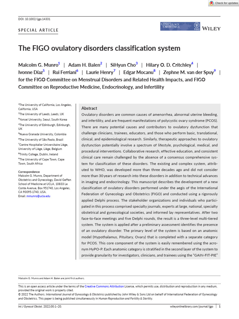 Intl J Gynecology Obste - 2022 - Munro - The FIGO Ovulatory Disorders ...