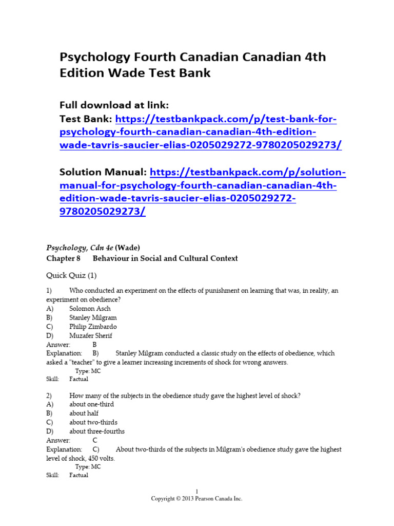 Psychology Fourth Canadian Canadian 4th Edition Wade Test Bank 1 | PDF
