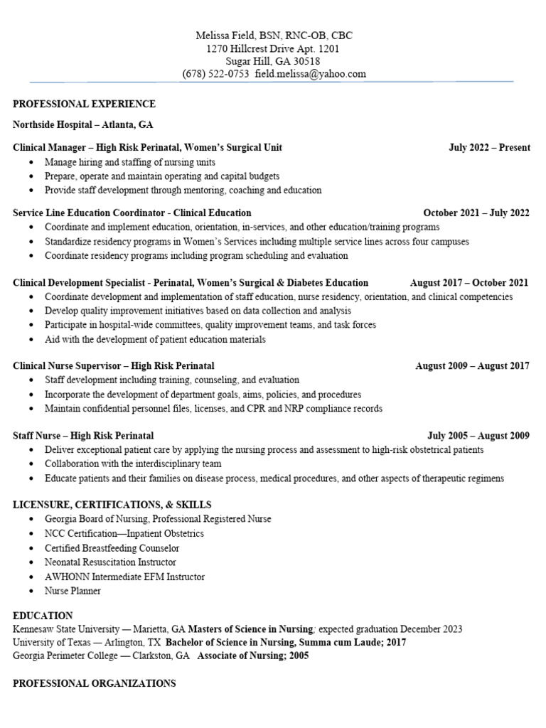 2 Melissa Field Resume Final | PDF | Nursing | Patient