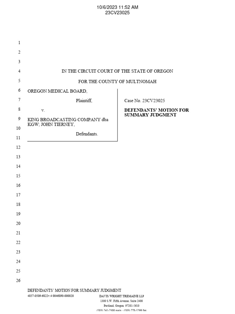 KGW's Motion For Summary Judgement | PDF | Discovery (Law) | Lawsuit