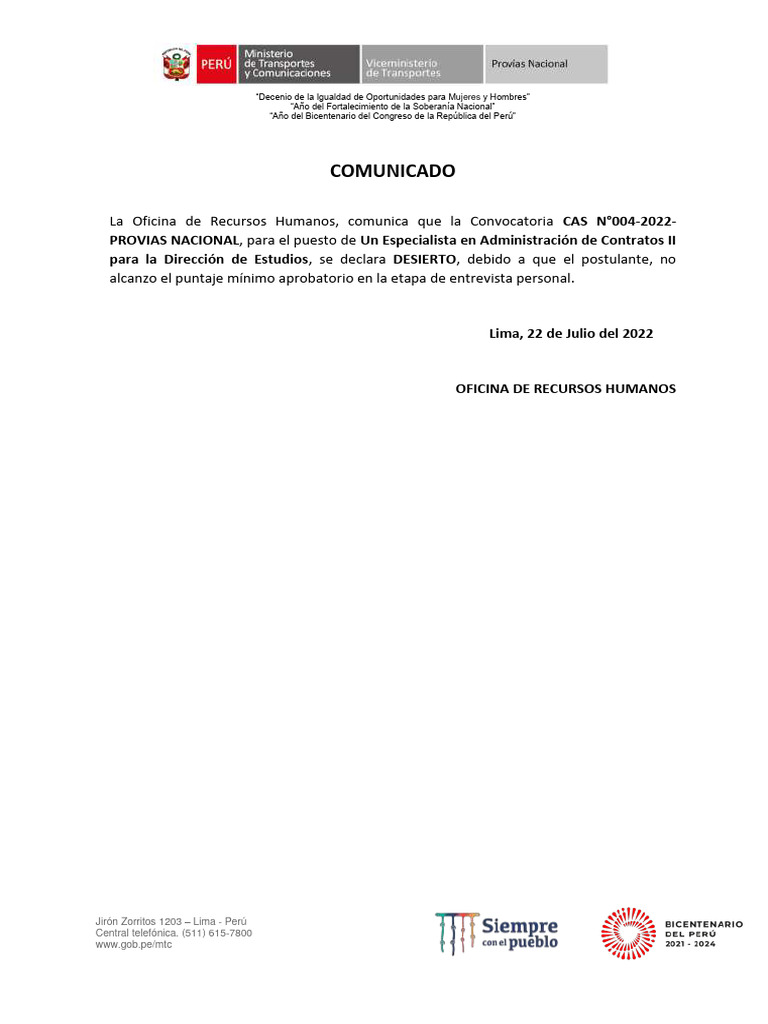 COMUNICADO DESIERTO CAS N°004-2022 (3) | PDF