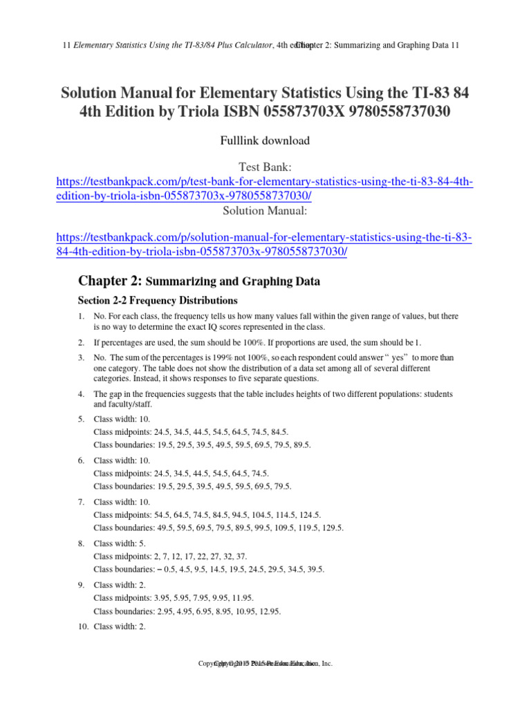 Solution Manual For Elementary Statistics Using The TI 83-84-4th Edition by Triola ISBN ...