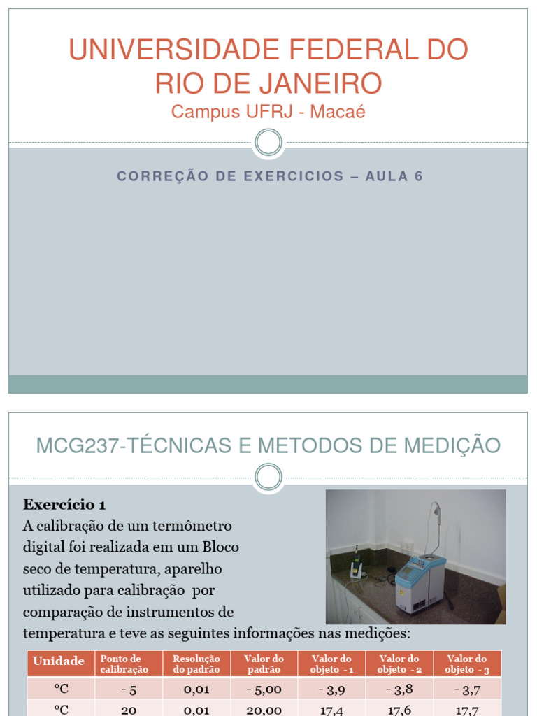UFRJ TMM AULA 6 EX1 CALIBRACAO TERMOMETRO EX2 MED PAQUIM Rev 3 Respostas PDF | PDF