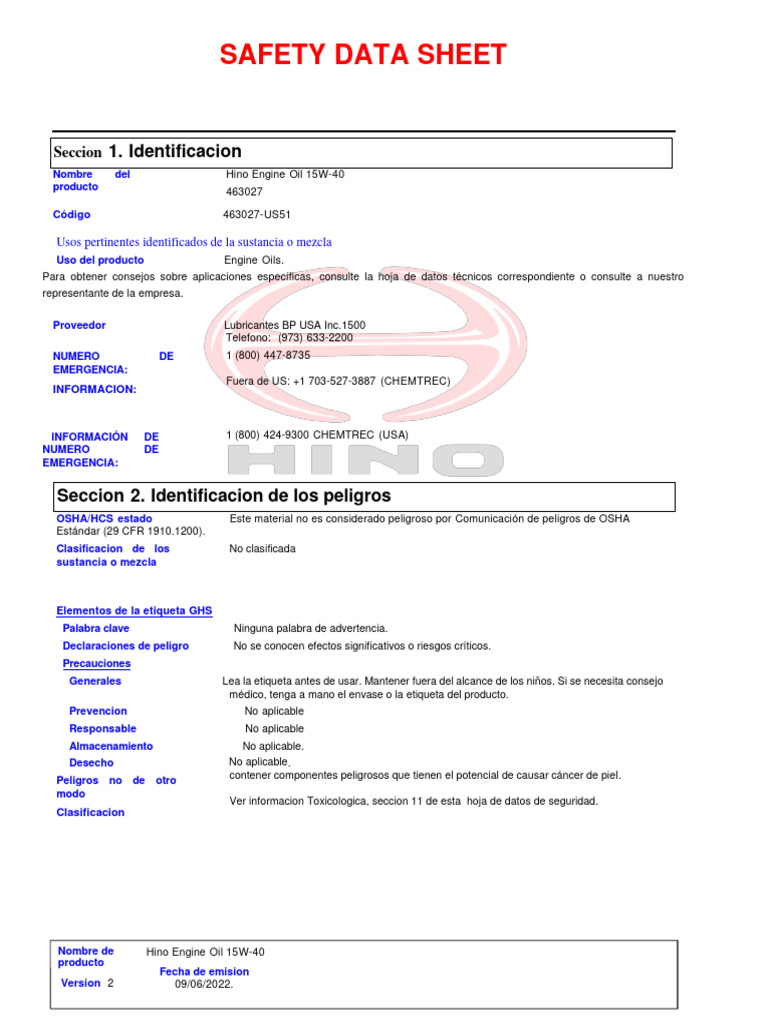 MSDS - Engine Oil Sae 15W40 | PDF
