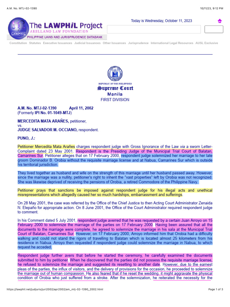 1. Arañes v. Judge Occiano | PDF | Marriage License | Judge