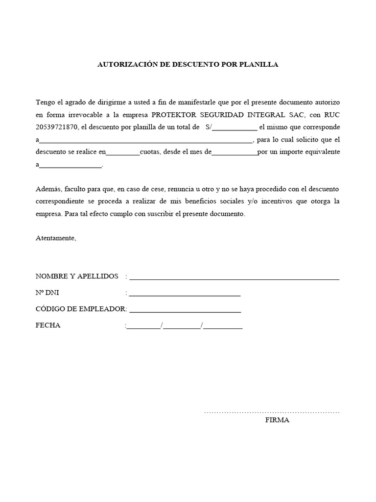 3 Formato de Descuento Por Planilla | PDF | Negocios | Finanzas y dinero