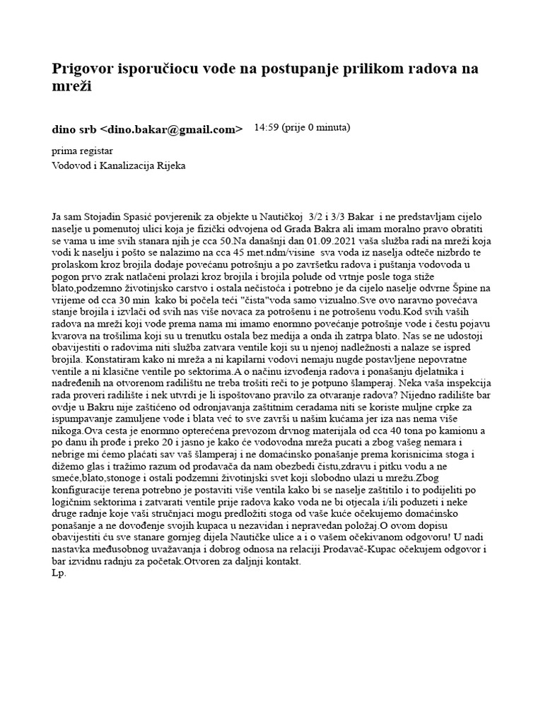 Vodovod I Kanalizacija-Prigovor - Kopija | PDF