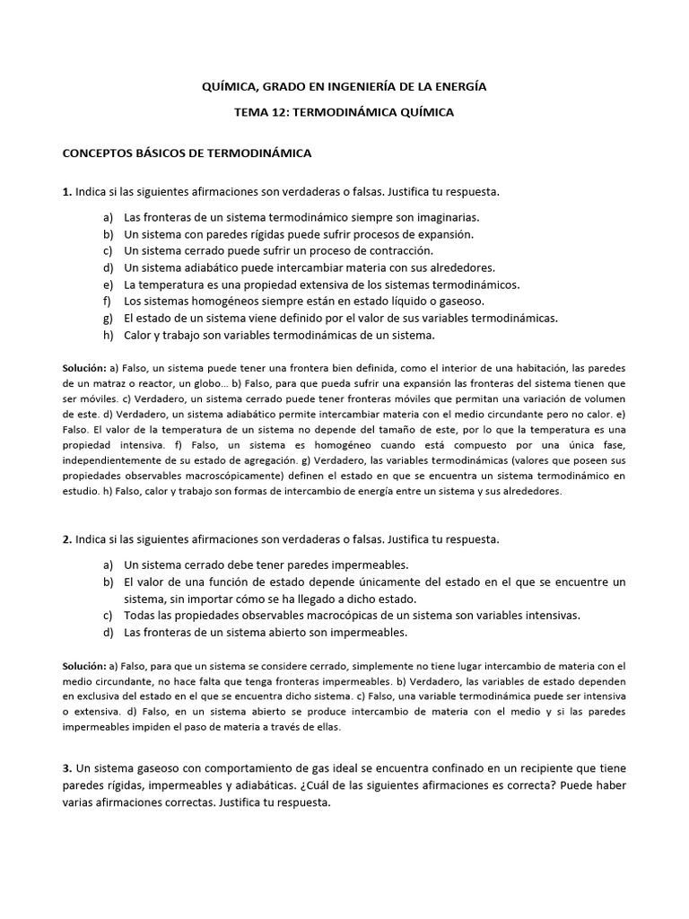 Tema 12 Ejercicios Termodinámica Química | PDF