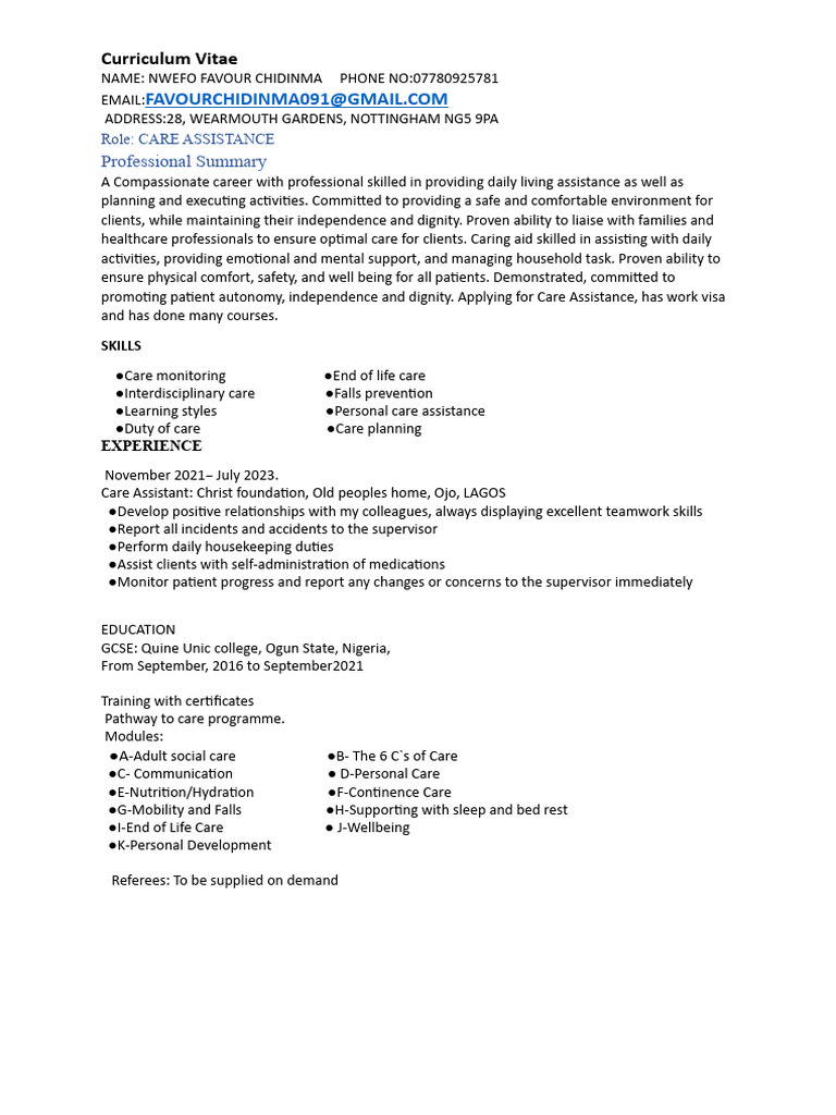 Favour Care CV | PDF