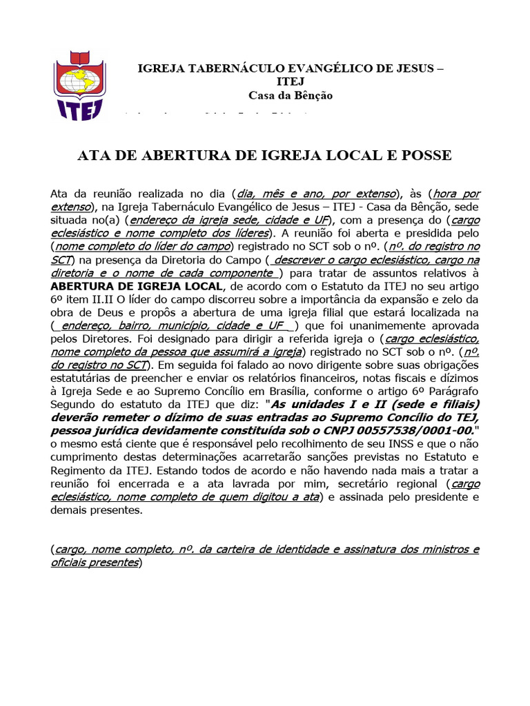 Abertura de Igreja Local ITEJ | PDF