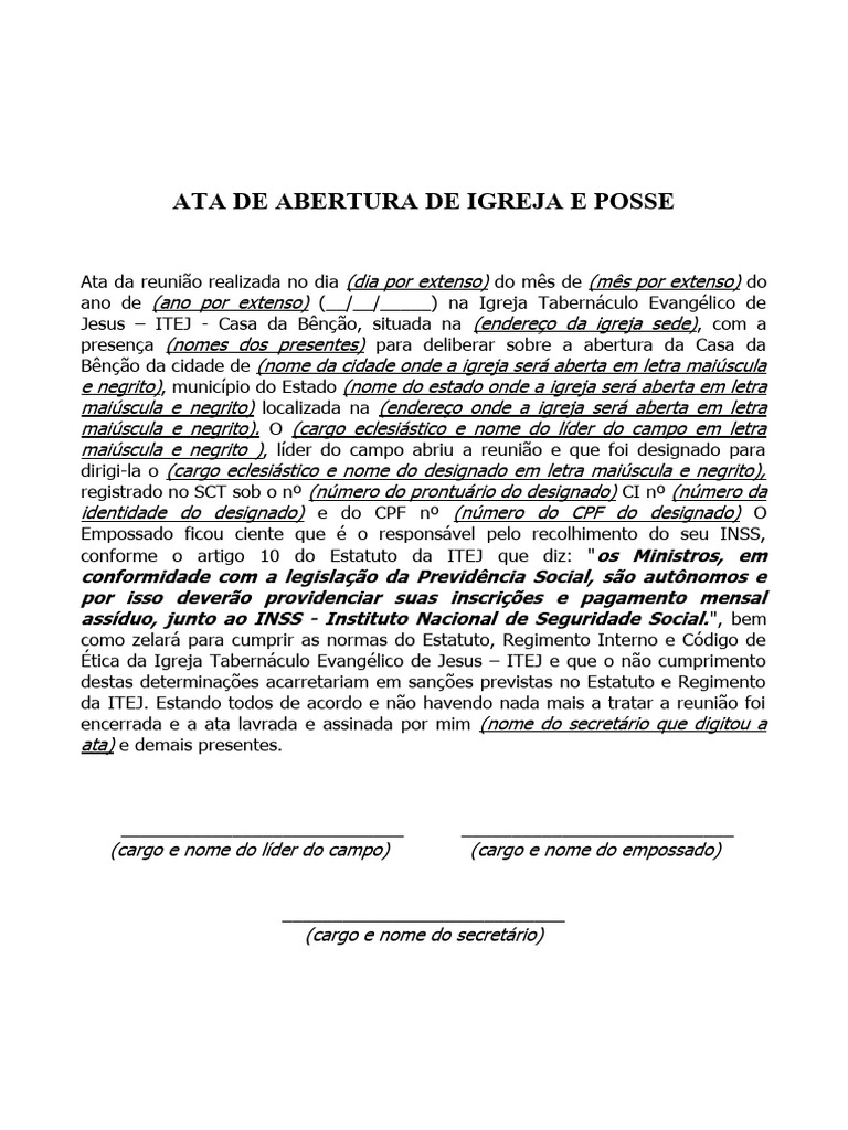 Ata de Abertura da Igreja ITEJ | PDF