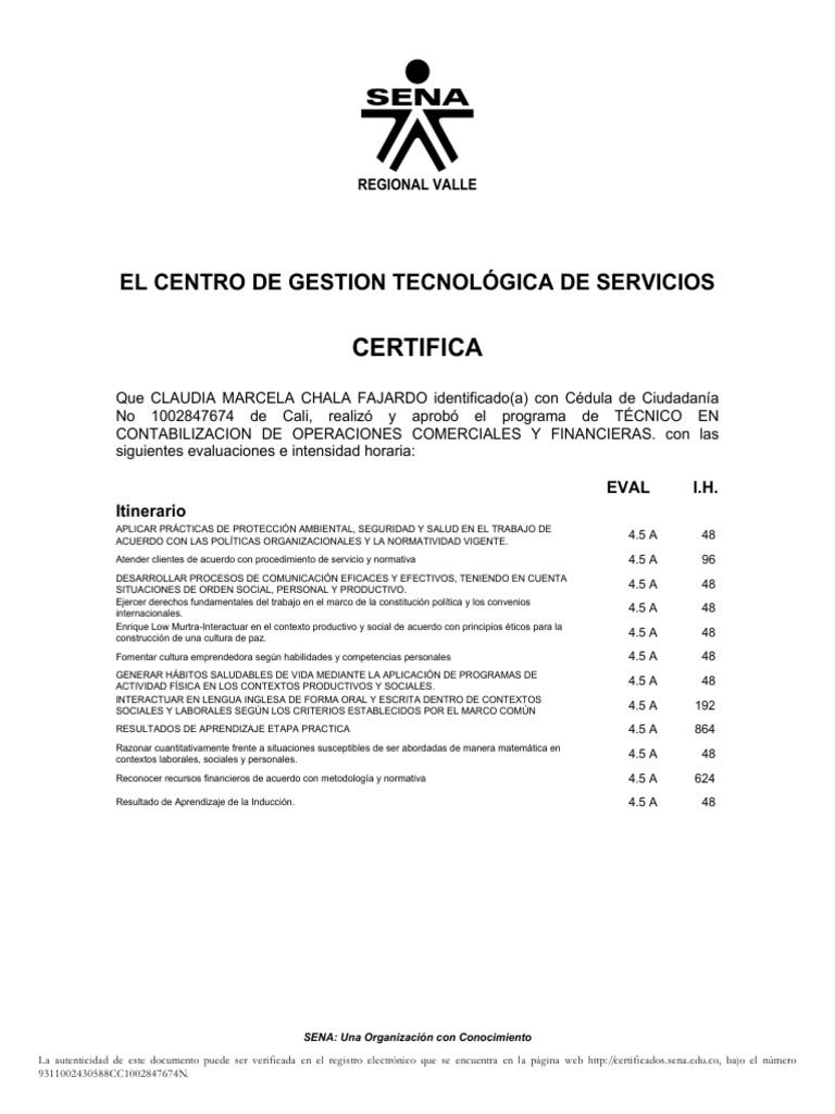 Certificado Notas Sena | PDF
