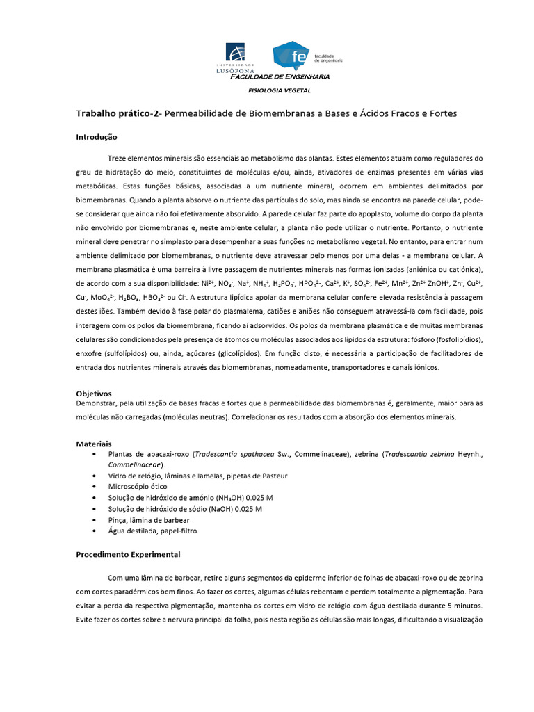 PL2-Fisiologia Vegetal - Permeabilidade de Biomembranas A Ácios e Bases ...