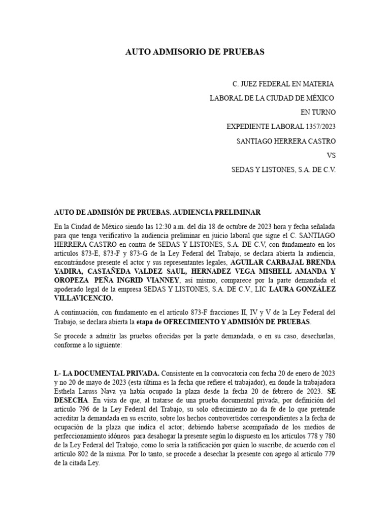 AUTO ADMISORIO DE PRUEBAS Equipo 5 Complementado. | PDF