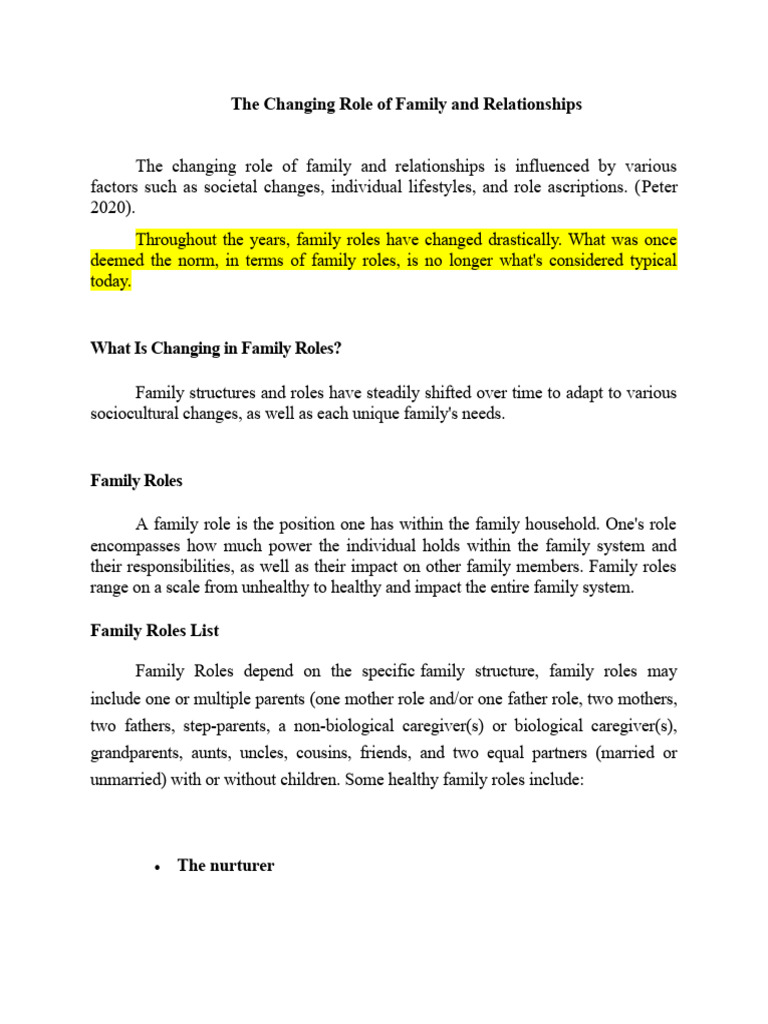 STUDY GUIDE - The Changing Role of Family and Relationships | PDF ...