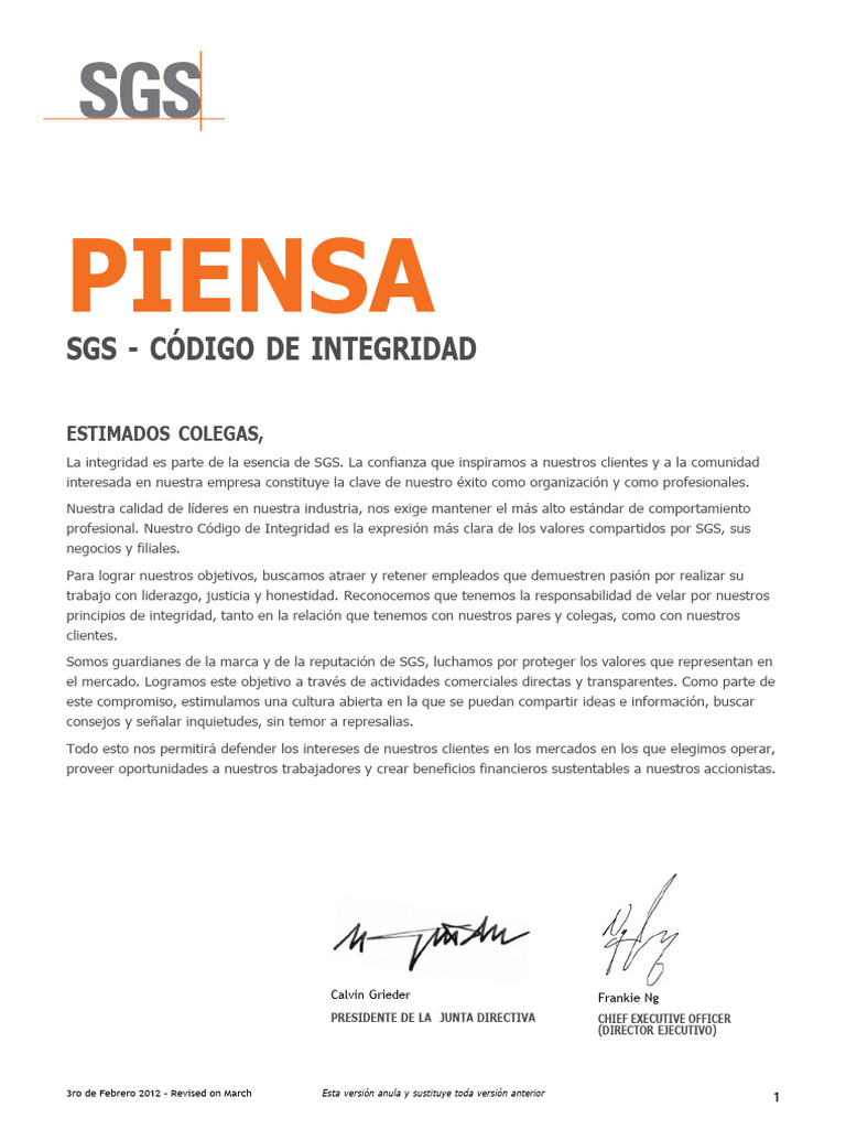 SGS-Compliance-Code of Integrity Spanish-A4-20-03 | PDF