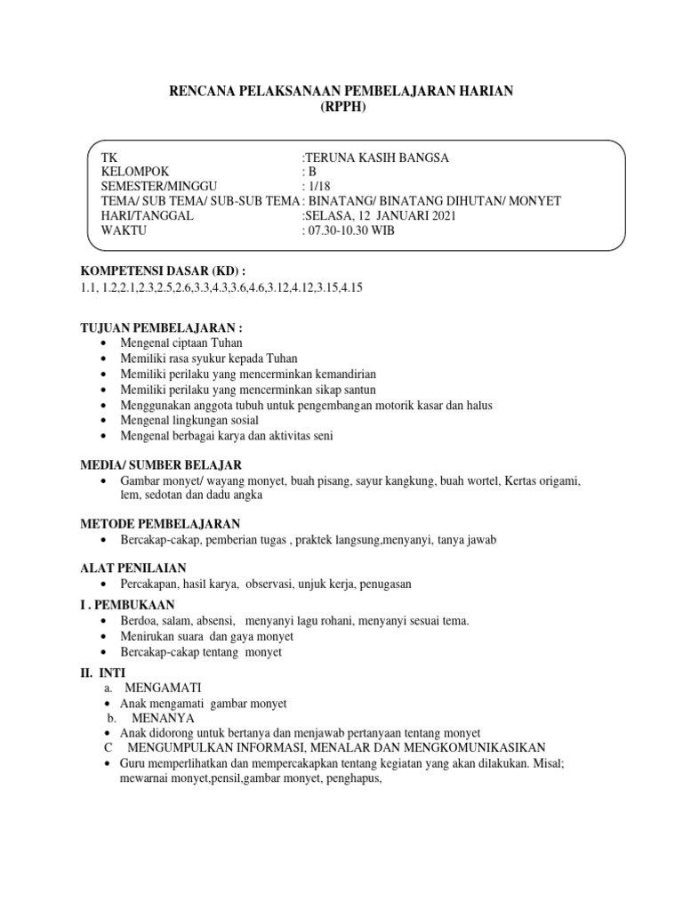 RPPH Tema Binatang | PDF