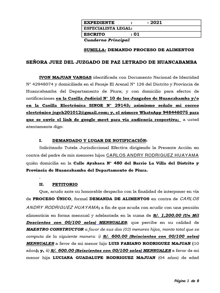 Demanda de Alimentos - Ivov Vargas | PDF