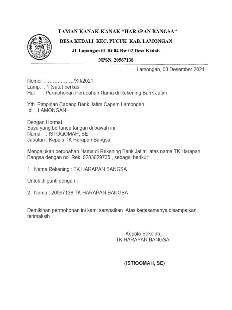 Contoh Surat Permohonan Ke Bank Jatim | PDF