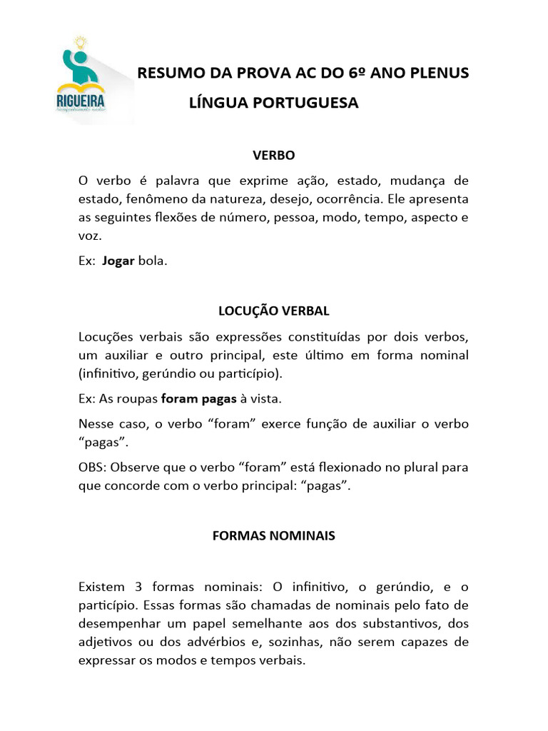 Resumo Da Prova Ac Do 6º Ano Plenus para Nathan 25042023 | PDF | Assunto (gramática) | Linguística