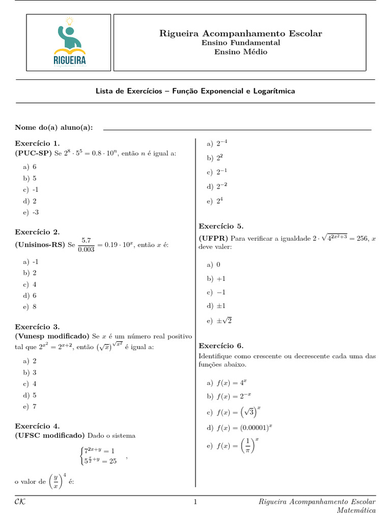 Lista de Exerc Cios Matem Tica Fun o Exponencial e Logar Tmica | PDF ...
