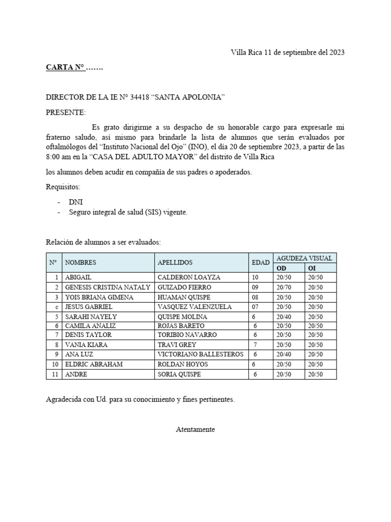 Informe de Agudeza Visual | PDF