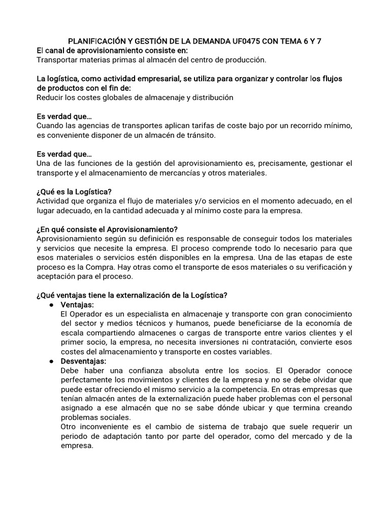 Preguntas Examen UF0475 CON TEMAS 6 Y 7 | PDF | Logística | Business