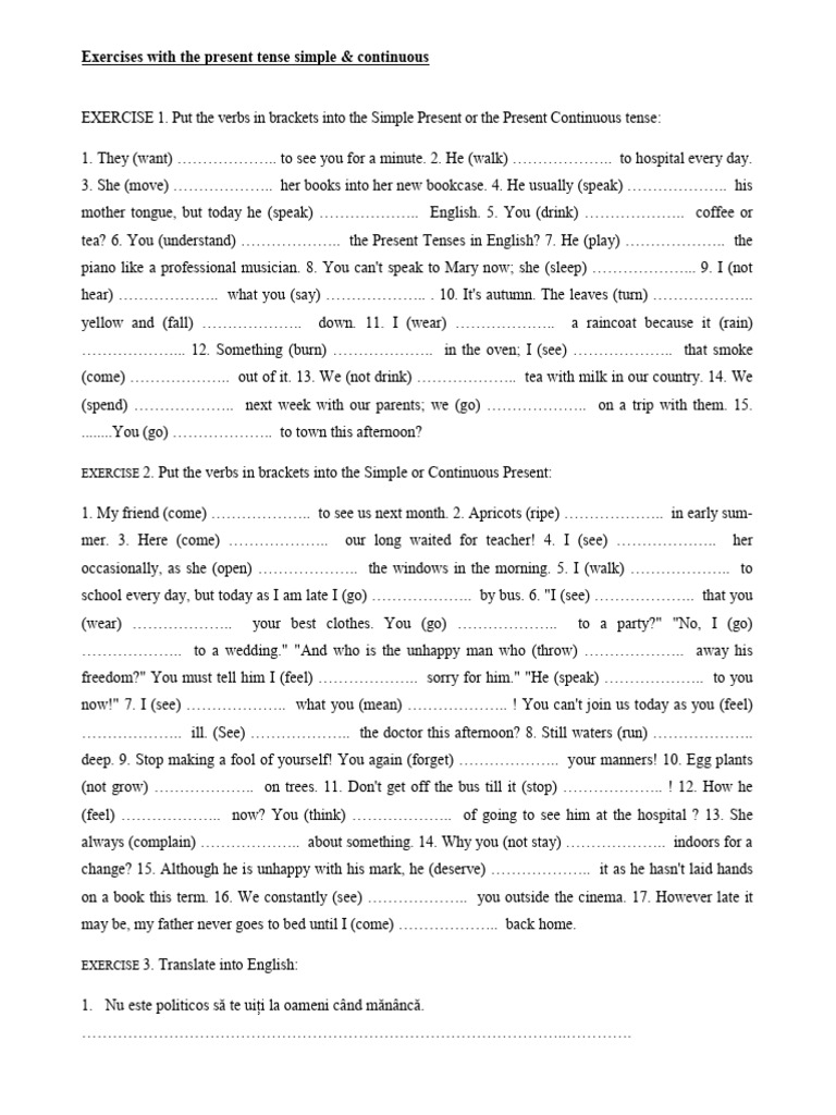 Exercises With The Present Simple and Continuous | PDF | Language Mechanics | Grammar