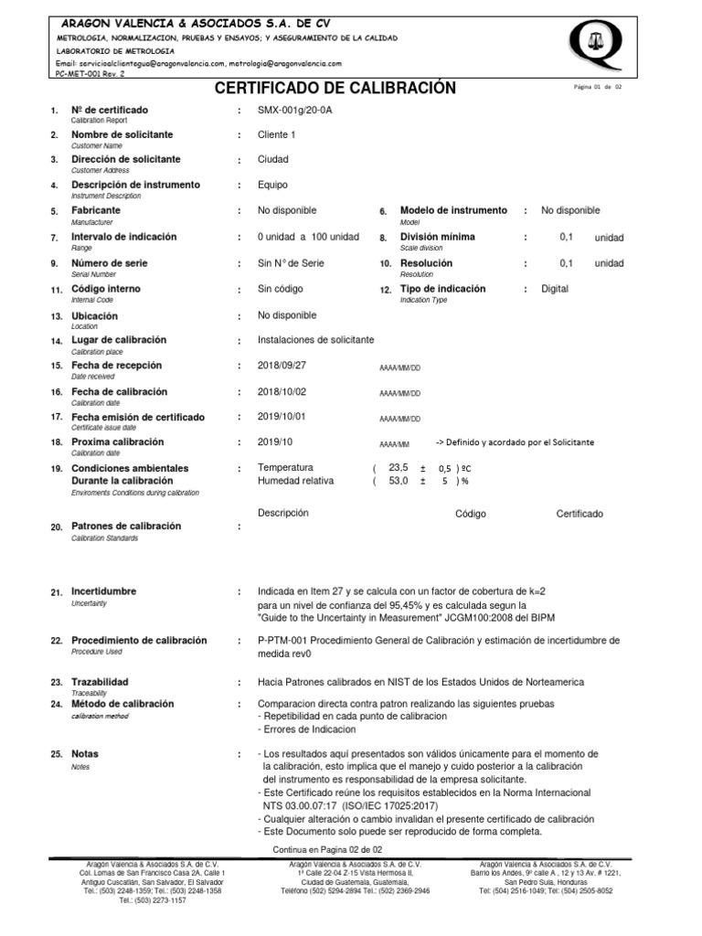 Pc-Met-001 Formato de Certificado Generico 5p-5t (Rev2 2020-02) | PDF