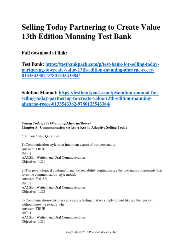 Selling Today Partnering To Create Value 13th Edition Manning Test Bank ...
