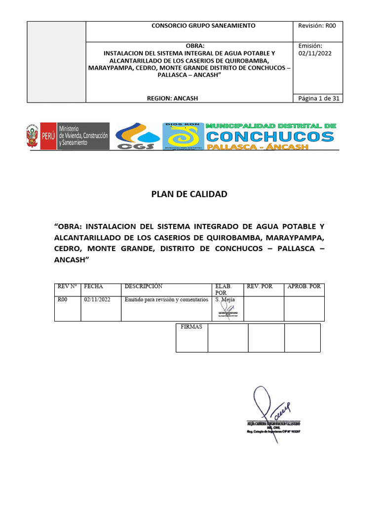 Plan de Calidad Consorcio Grupo Saneamiento - Firmado | PDF