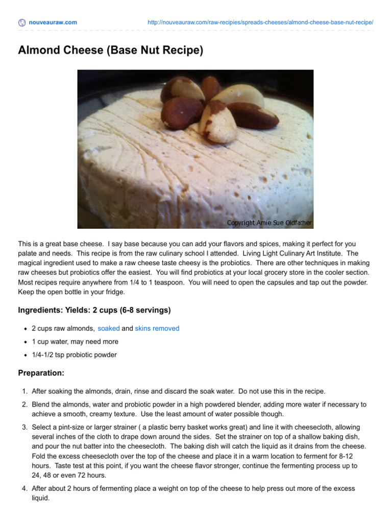 Almond Cheese: Fermentation Recipe | PDF | Wellness | Technology ...