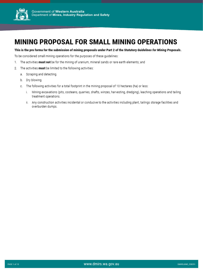 Australia Mining Proposal For Small Mining Operations | PDF