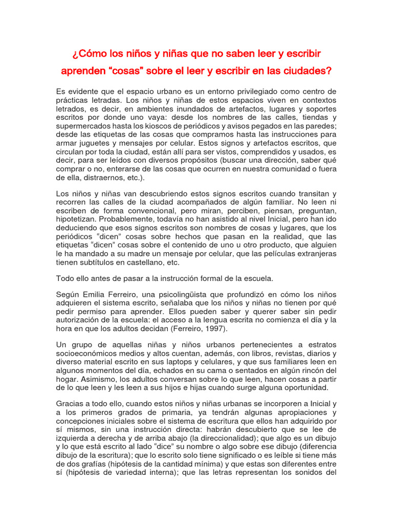 Cómo los niños y niñas que no saben leer y escribir aprenden | PDF ...