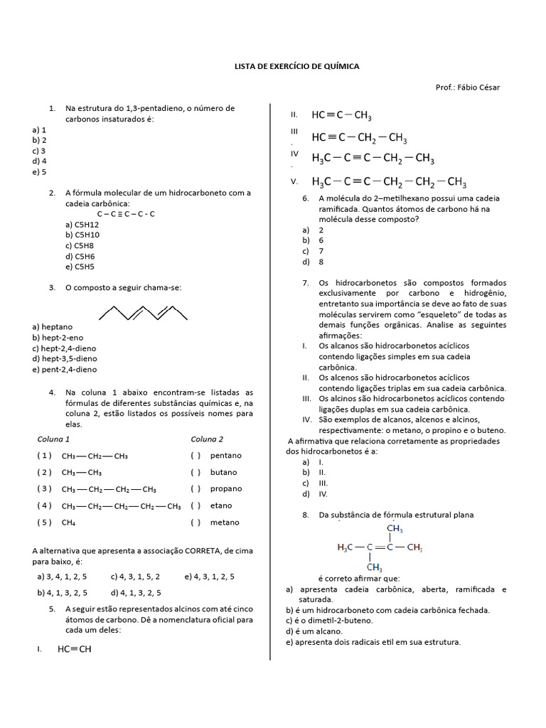 Lista de Exercício de Química | PDF