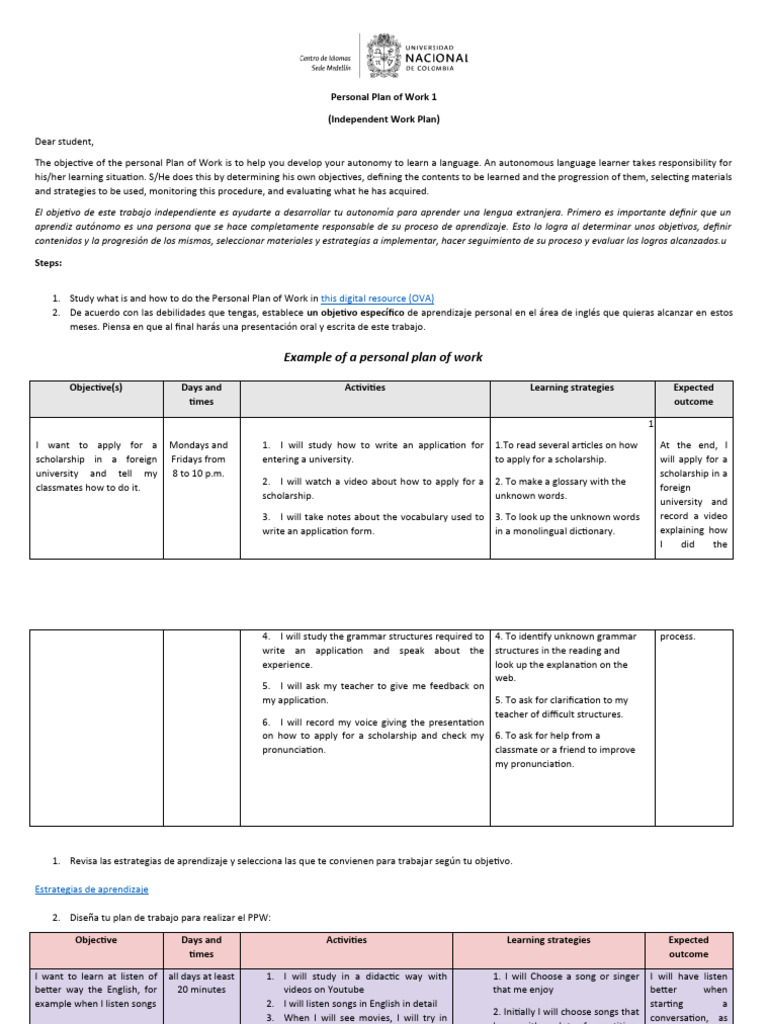 Personal Plan of Work 1 Format | PDF