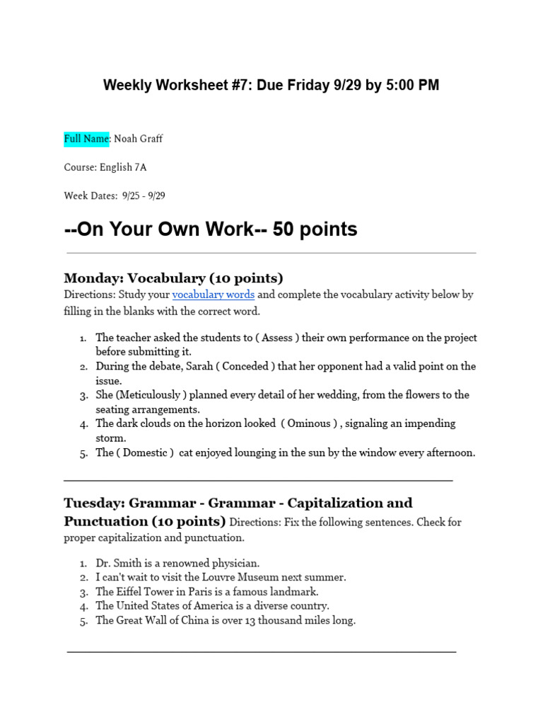 Copy of English 7A Week 7 Worksheet | PDF