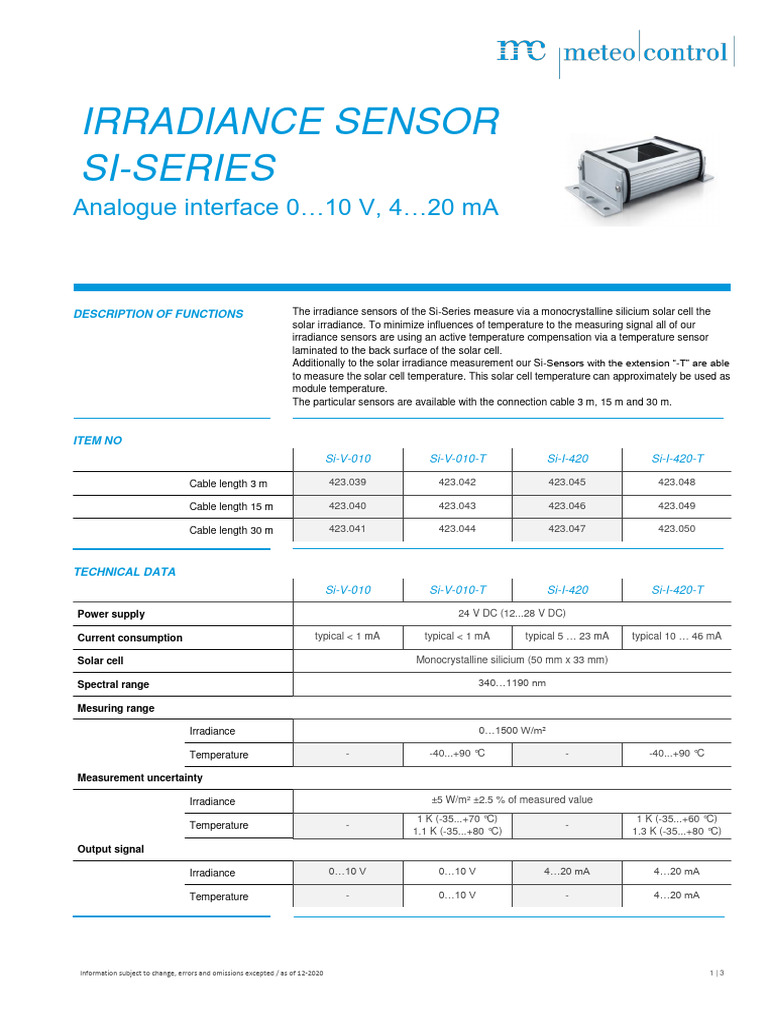 Si-Series Solar Irradiance Sensors | PDF | Solar Cell | Equipment